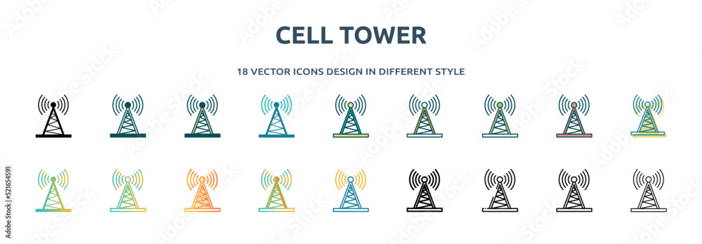 cell tower icon in 18 different styles such as thin line, thick line ...