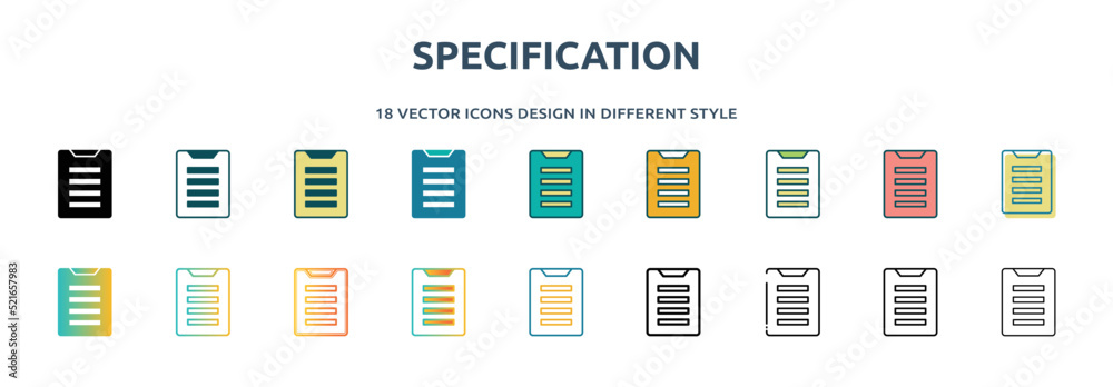 specification icon in 18 different styles such as thin line, thick line ...