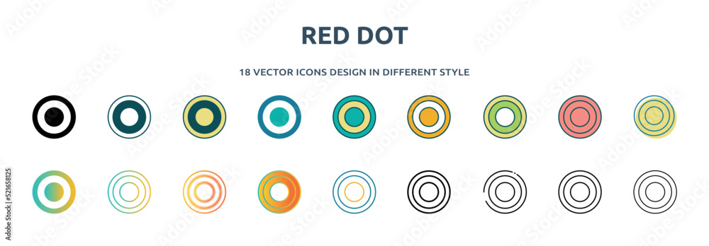 red dot icon in 18 different styles such as thin line, thick line, two ...