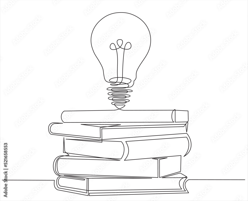 Single one line drawing of Light bulb on a stack of books. Continuous ...