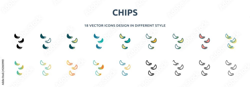 chips icon in 18 different styles such as thin line, thick line, two color, glyph, colorful ...