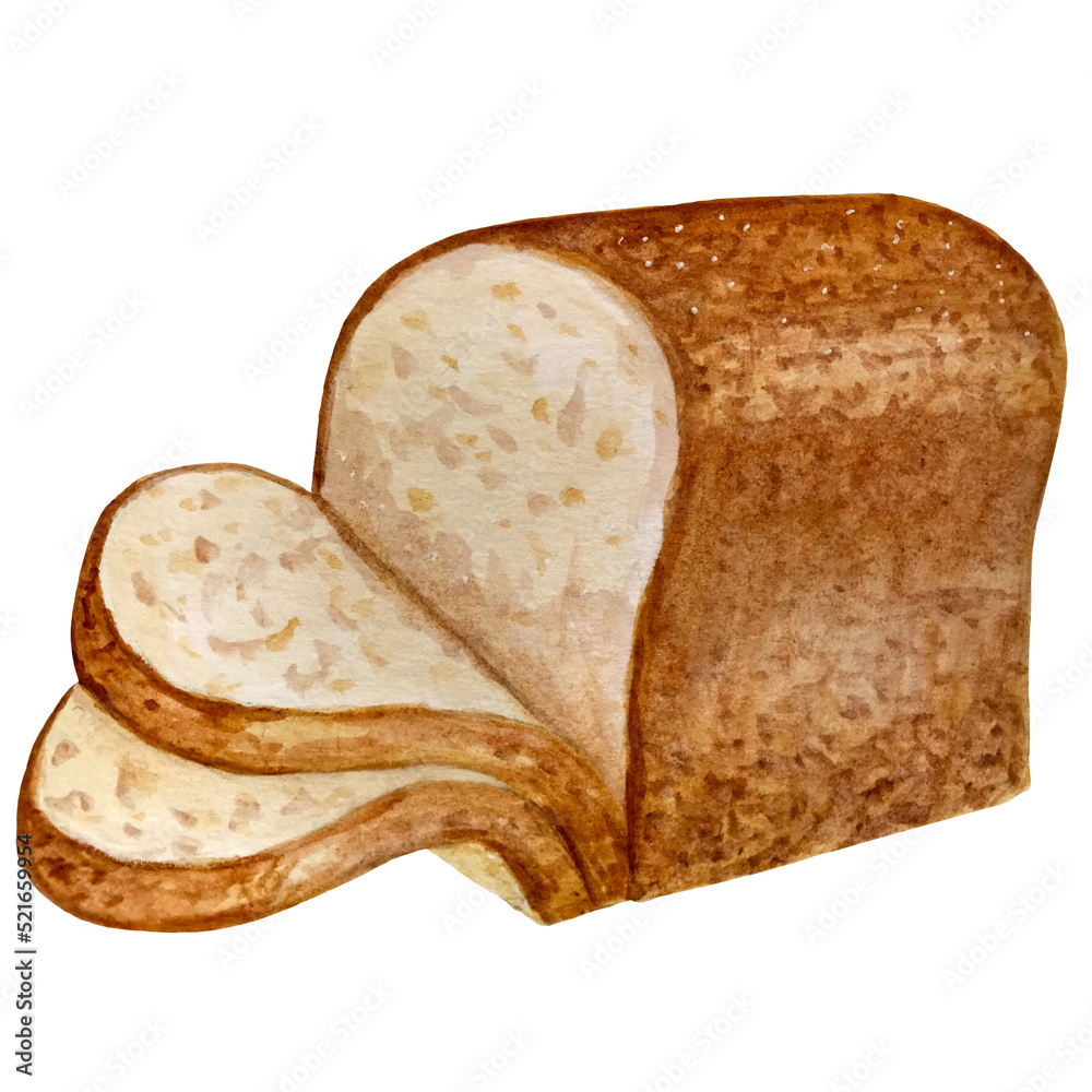 Watercolor illustration of white bread or bread for toast. The hand ...