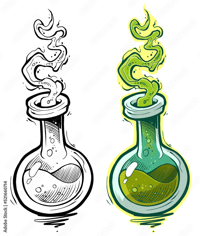 Cartoon chemical flask with green liquid and gas bubbles. Vector icon ...