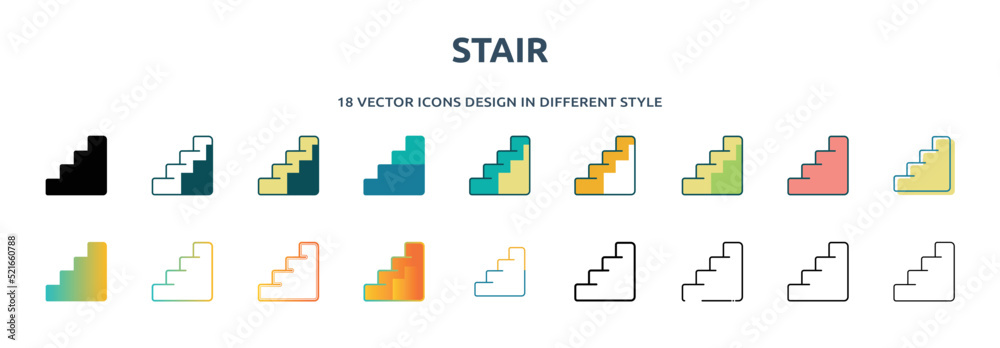 stair icon in 18 different styles such as thin line, thick line, two ...