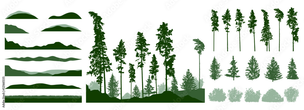 Design elements of forest trees. Constructor of landscape. Silhouettes ...