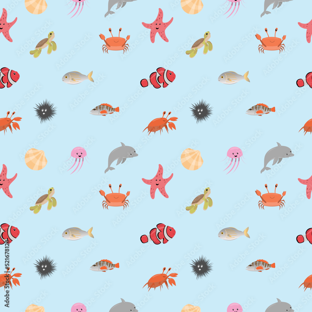 Cute cartoon sea animals vector illustration. Seamless pattern for ...