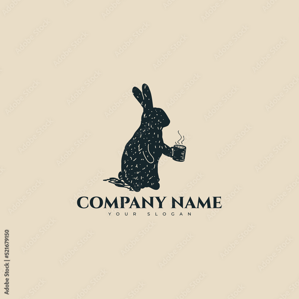Hand drawn Rabbit drink a cup of coffee logo vector design template ...