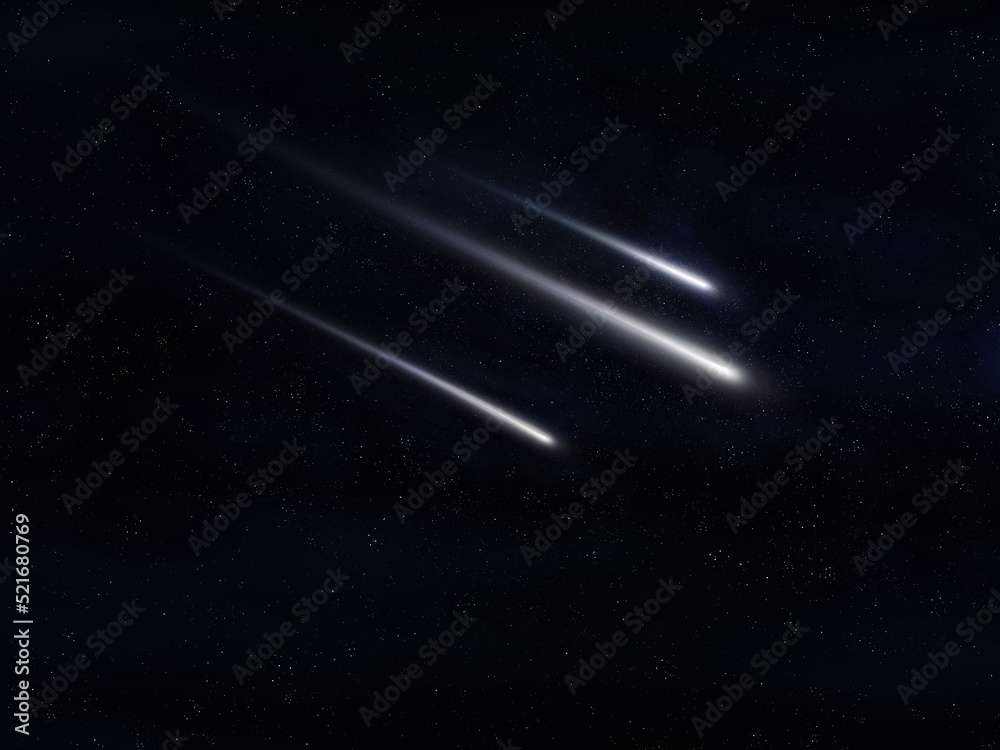 Bright meteors in the night sky. Fall of meteorites. Meteor trails ...