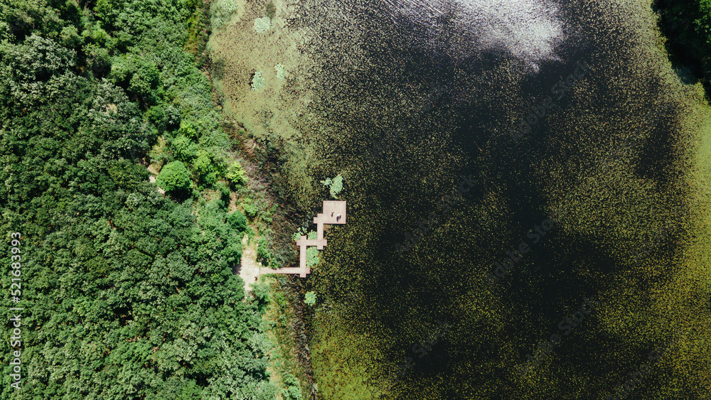 Forest and lake from above. Floating pier on the lake. A lake in the ...