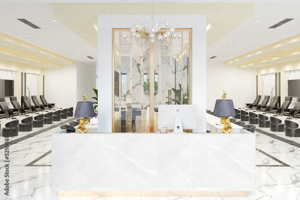 3D Render of a Nail Salon, Spa Lobby, Hotel Lobby, Waiting Area with 3D ...