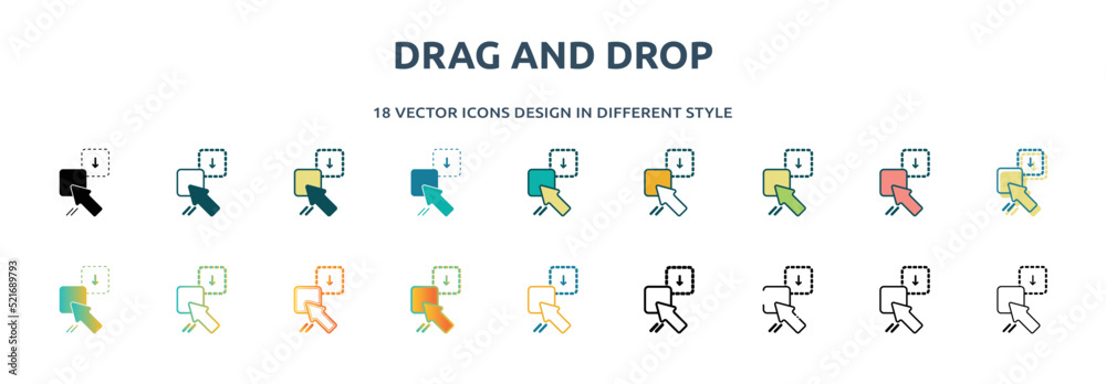 drag and drop icon in 18 different styles such as thin line, thick line, two color, glyph ...