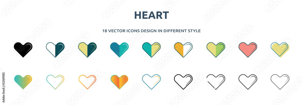 heart icon in 18 different styles such as thin line, thick line, two ...