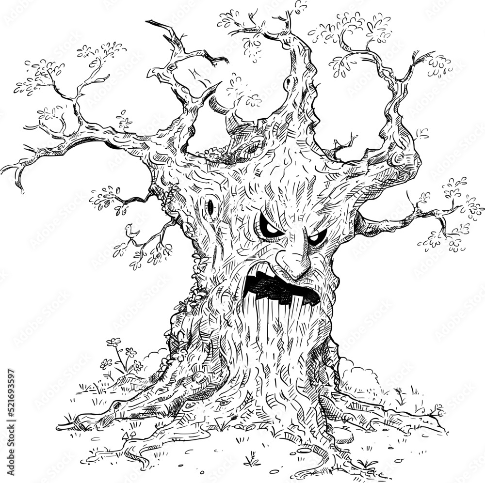 Evil Old Fantasy Tree from Magic Forest, Vector Cartoon Stick Figure ...