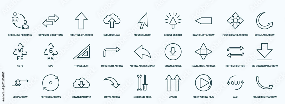special lineal user interface icons set. outline icons such as exchange personel, cloud upload ...