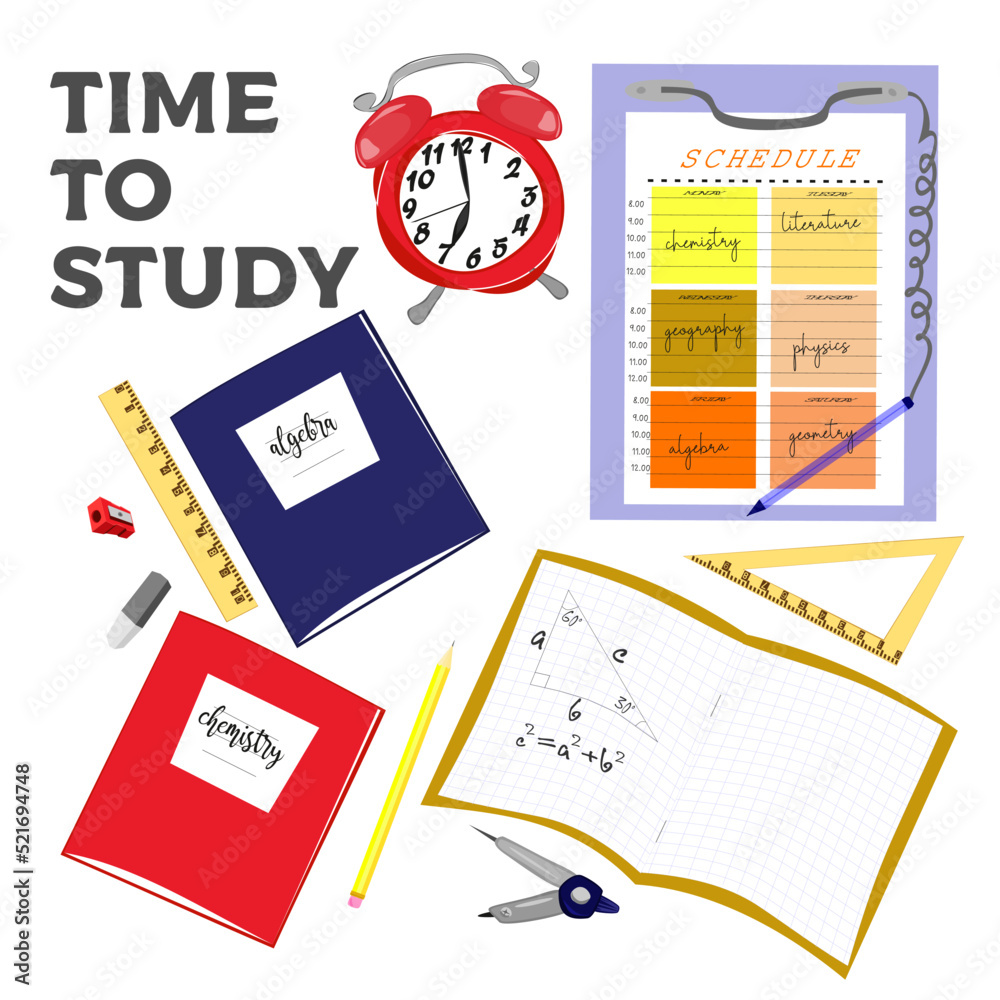 Time to study vector set of elements. Big educational clipart ...