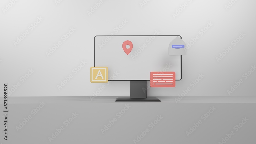 Computer screen with web windows, symbols of digital communication and ...