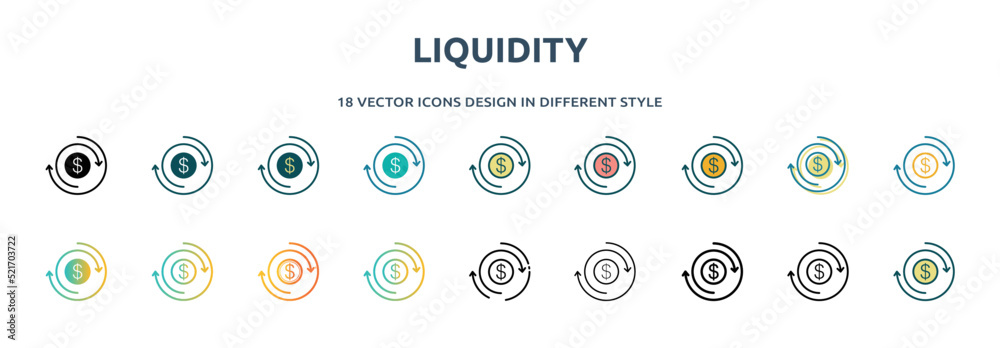 liquidity icon in 18 different styles such as thin line, thick line ...