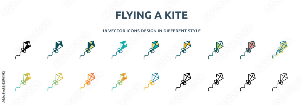 flying a kite icon in 18 different styles such as thin line, thick line ...