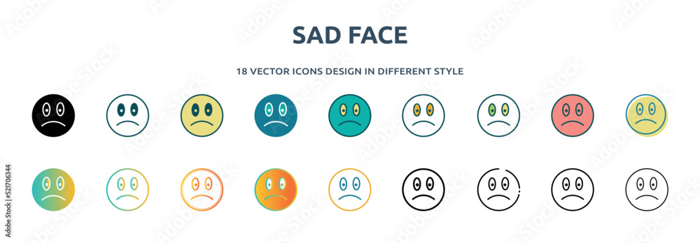 sad face icon in 18 different styles such as thin line, thick line, two ...