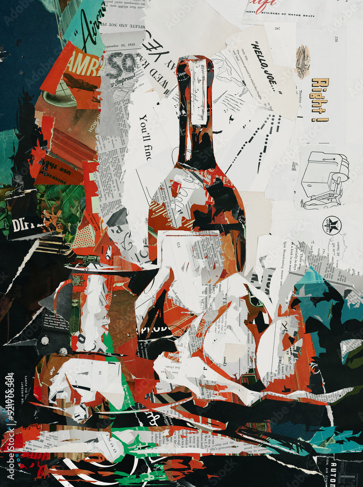 Wine bottle with glass still-life paper collage digital art. Stock ...