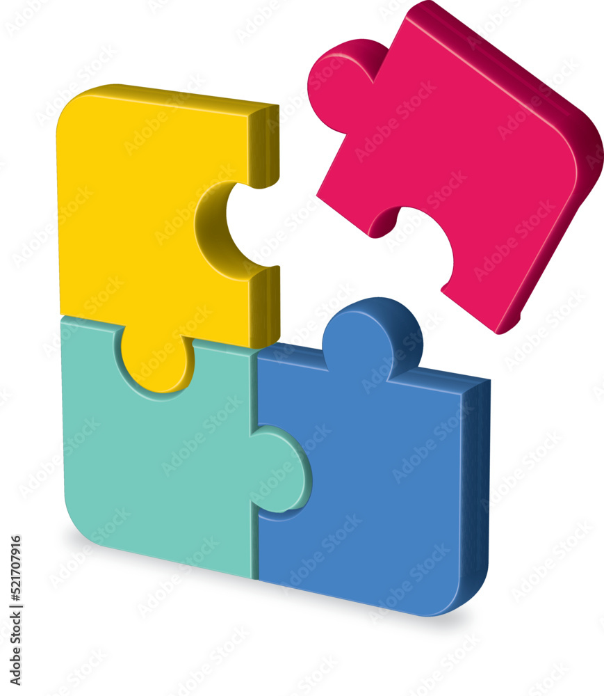 Connection together puzzle pieces isolated. Four 3D puzzle pieces ...