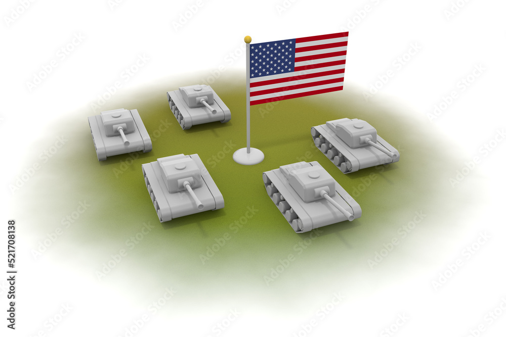 american flag. 5 tanks. A tank moving on land. Weapons on the lawn ...
