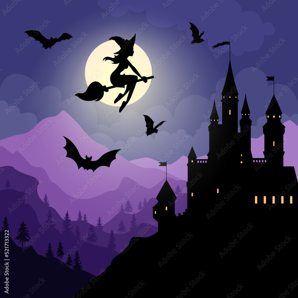 Dark gothic picture made up of medieval castle, witch and bats on the ...