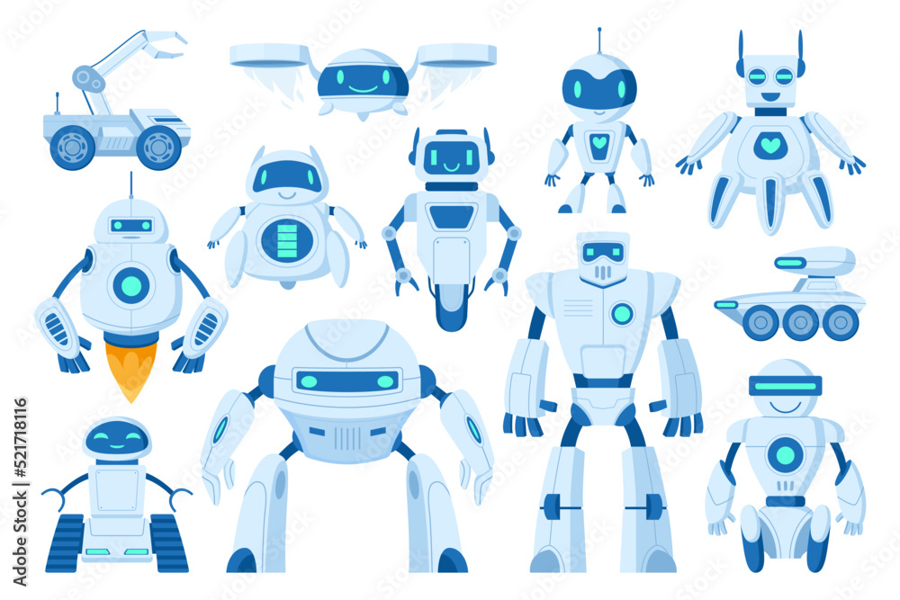 Cartoon robots, digital cyborgs, innovation technology machines. Robots ...