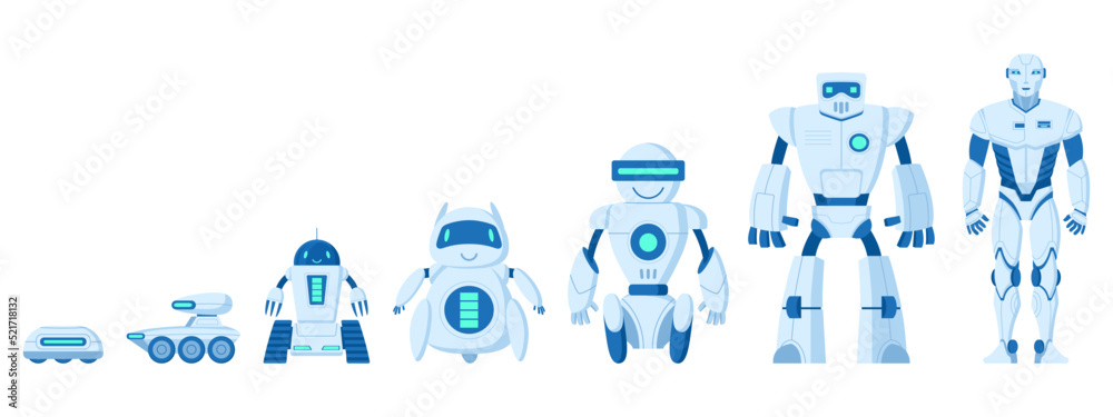 Cartoon robots evolution from primitive to technological cyborg. Robots ...