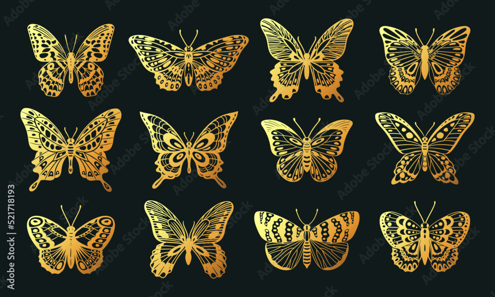 Cartoon golden butterfly, cut out flying insects, cute butterflies. Tropical gold insects ...