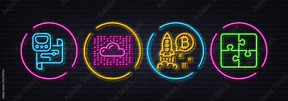 Bitcoin project, Cloud system and Metro map minimal line icons. Neon laser 3d lights. Puzzle ...
