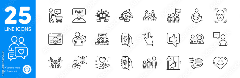 Outline icons set. Business hierarchy, Fake review and Smile chat icons ...