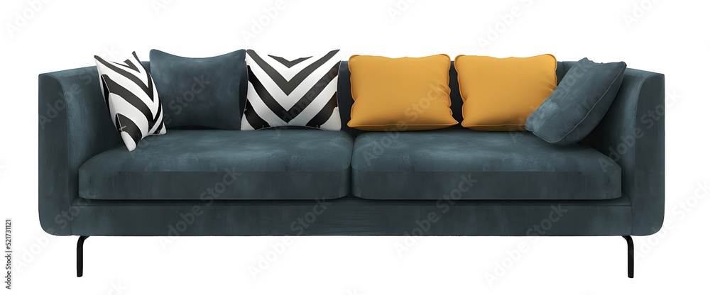 Modern luxury blue suede sofa and pillows on transparent background ...