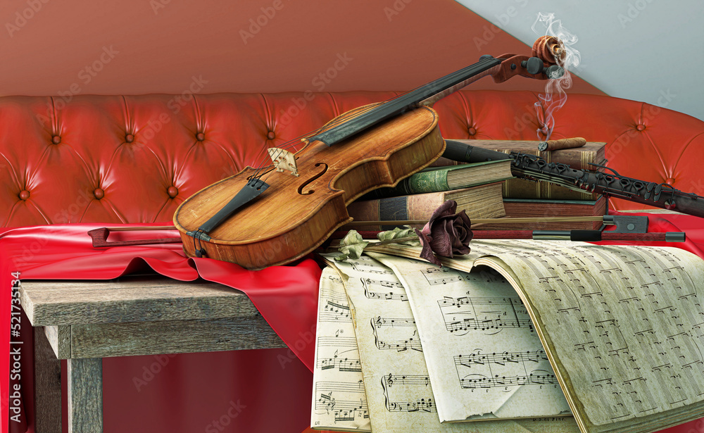 Elegant modern living room with musical instruments, 3d rendering, 3d ...