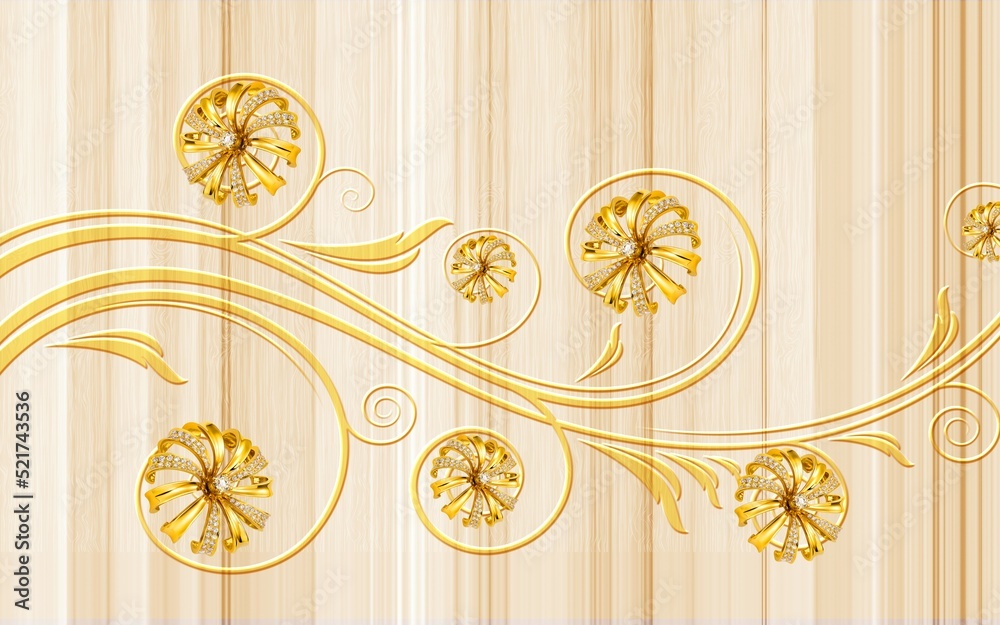 3D golden jewellery flowers on branch with wood texture background for ...