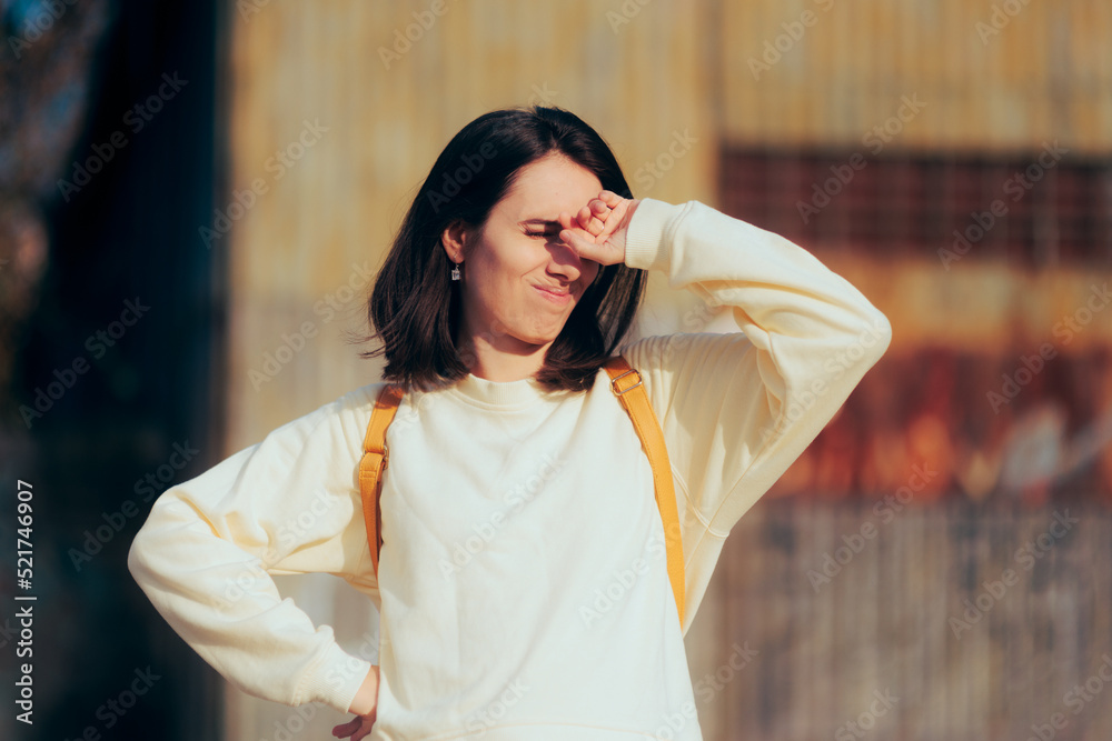Woman Covering Her Eyes from Strong Sun Shining in her Face. Unhealthy ...