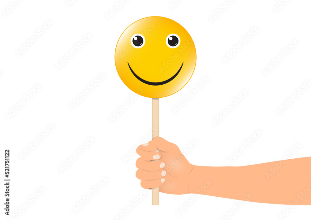 Hand holding yellow smiling face sign on stick vector illustration ...