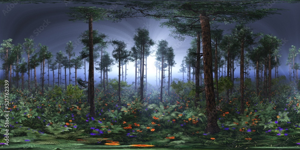 meadow of flowers in the forest. Environment map. HDRI map. equidistant ...