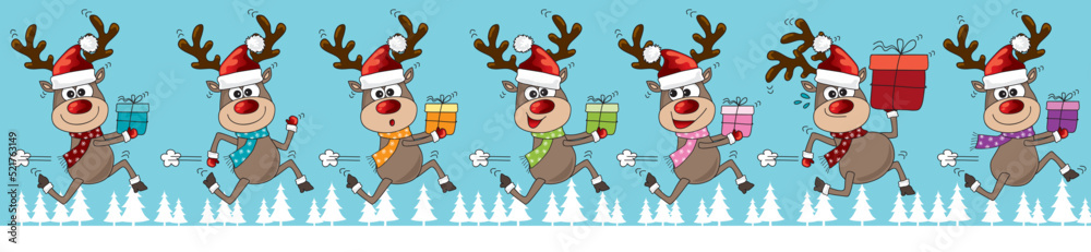 Rentierrennen, Wettlaufen der lustigen Rentiere um Geschenke pünktlich ...