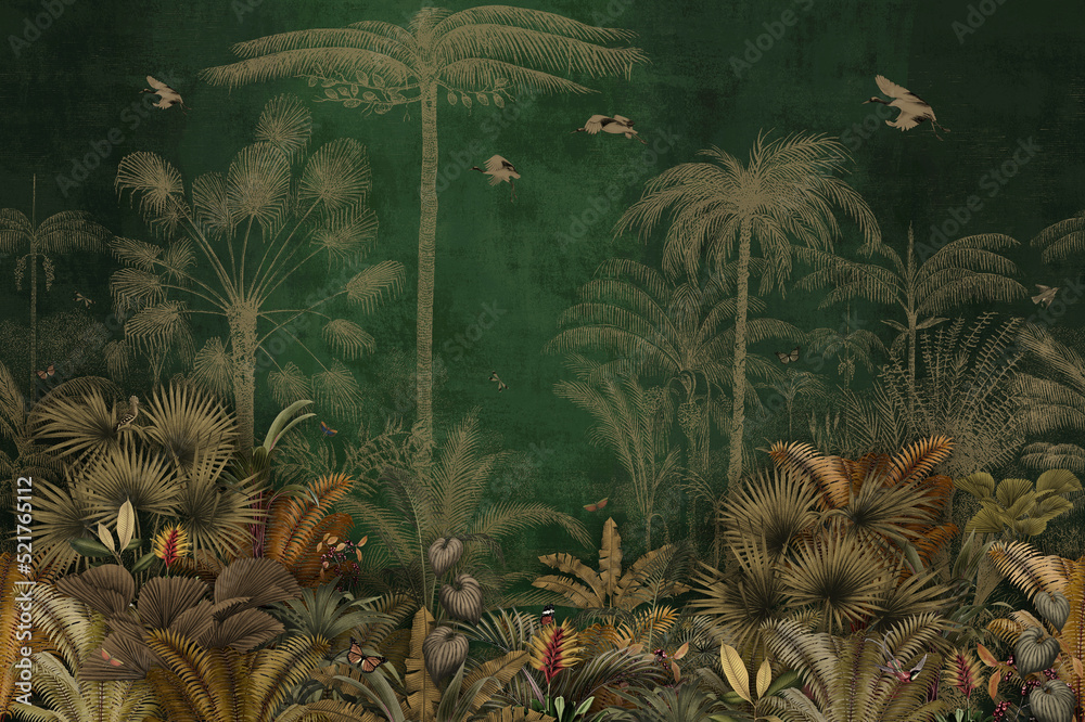Wallpaper Jungle Tropical Forest trees Palm Birds Vintage green ...