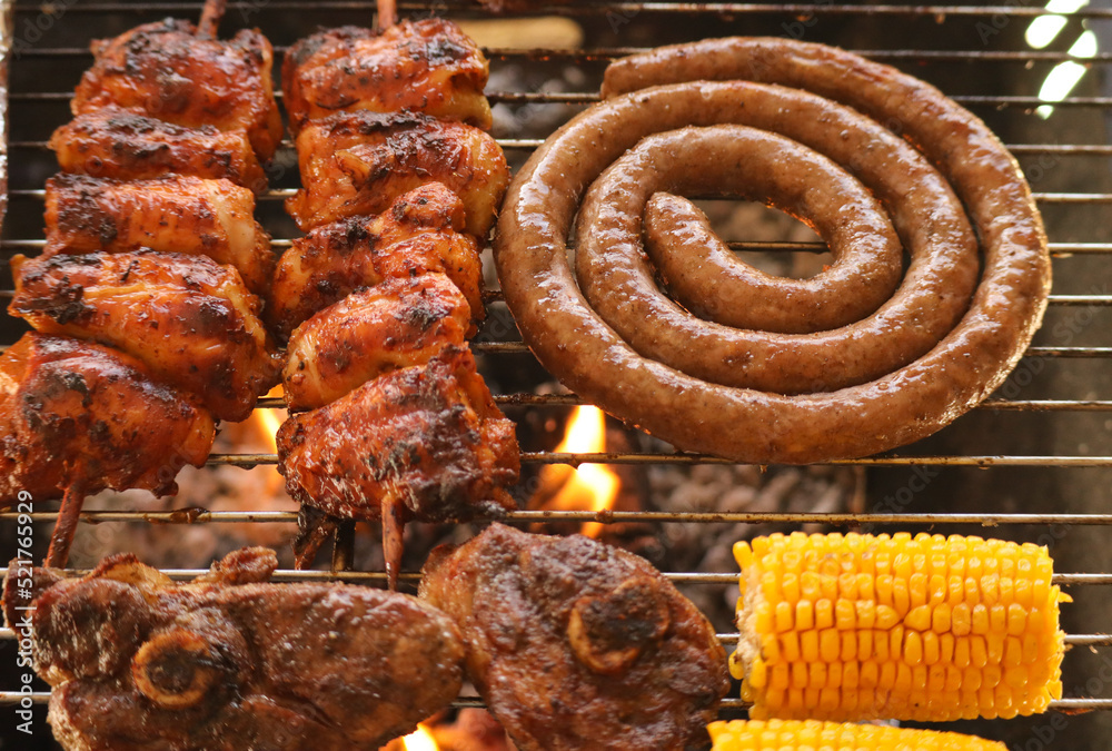 South African braai with boerewors sausage, lamb chops, chicken kebab ...