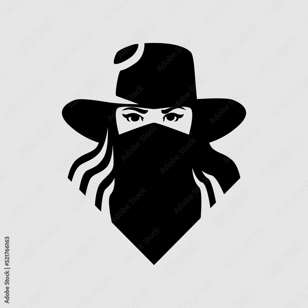 Beautiful masked cowgirl outlaw portrait symbol on white backdrop ...