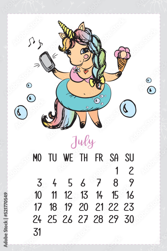 Calendar july 2023 with cute unicorn. Monthly calendar in hand drawn ...