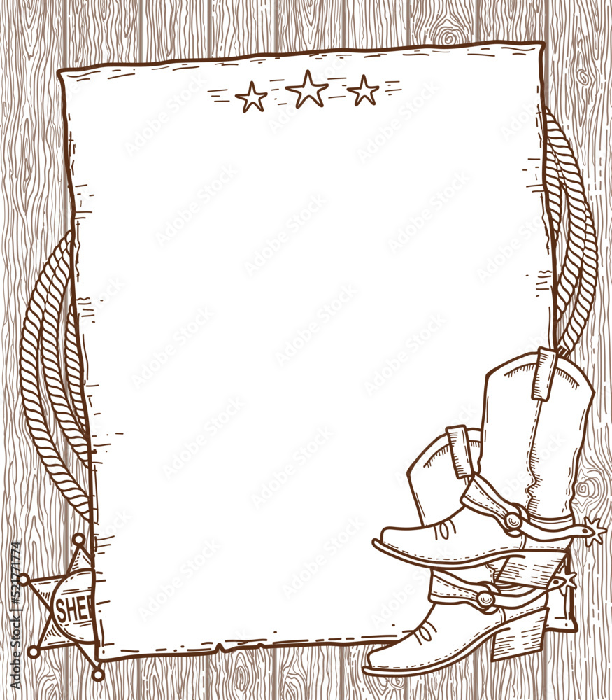 Cowboy vintage paper background. Vector hand drawn illustration Wild ...