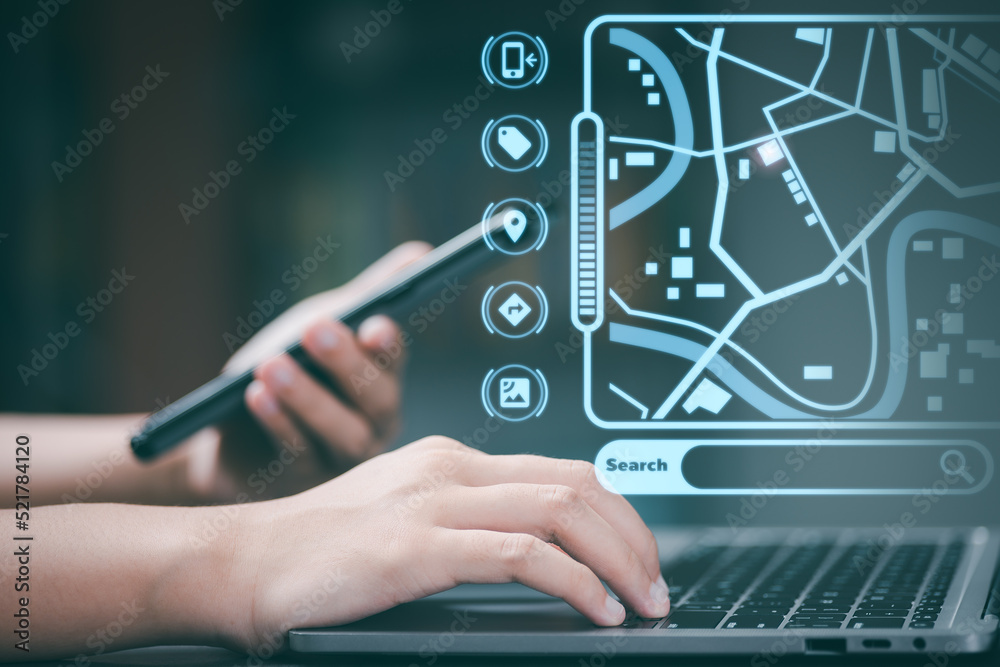 girl using online map technology To find the location and location via ...