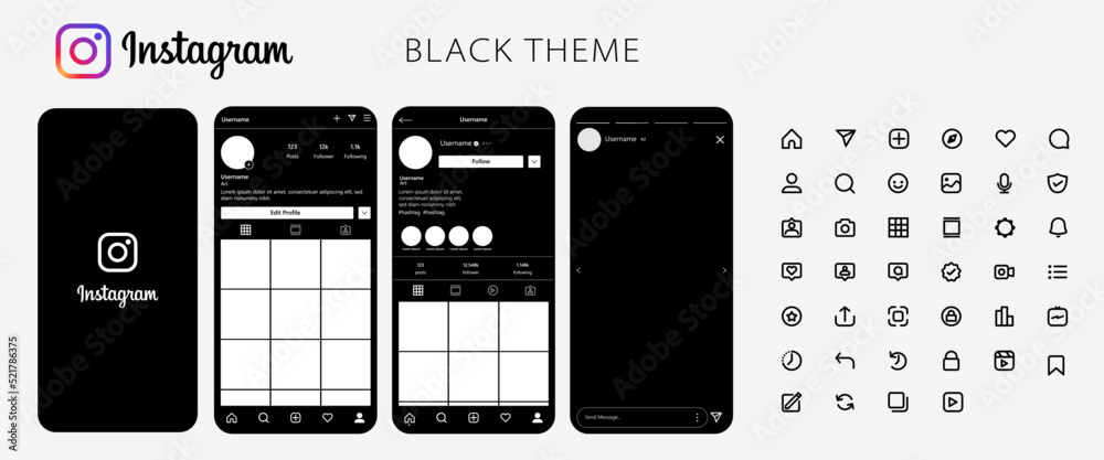 Instagram Social Media Mobile App Black Theme Vector Template with Icon ...