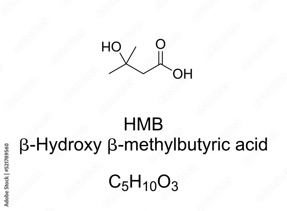 Vetor de HMB, beta-Hydroxy beta-methylbutyric acid, chemical formula ...