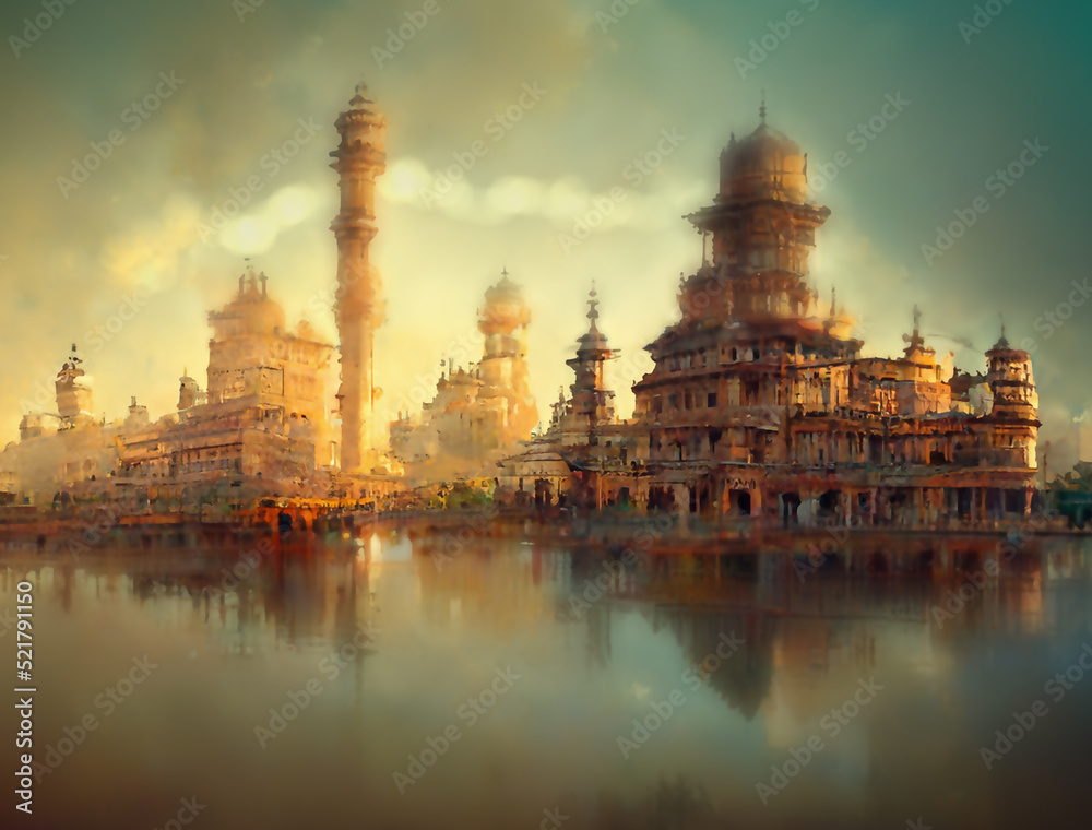 8K Blur defocused matte painting Indian temple on river bank, Indian ...