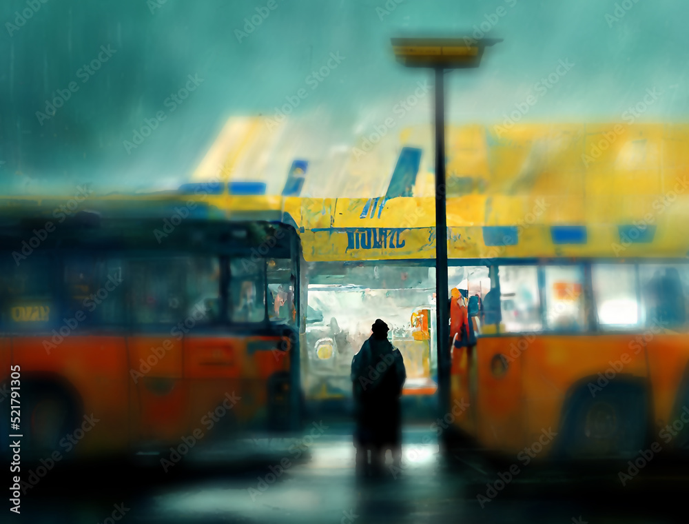 8K Blur defocused matte painting of Indian bus stand and bus ...