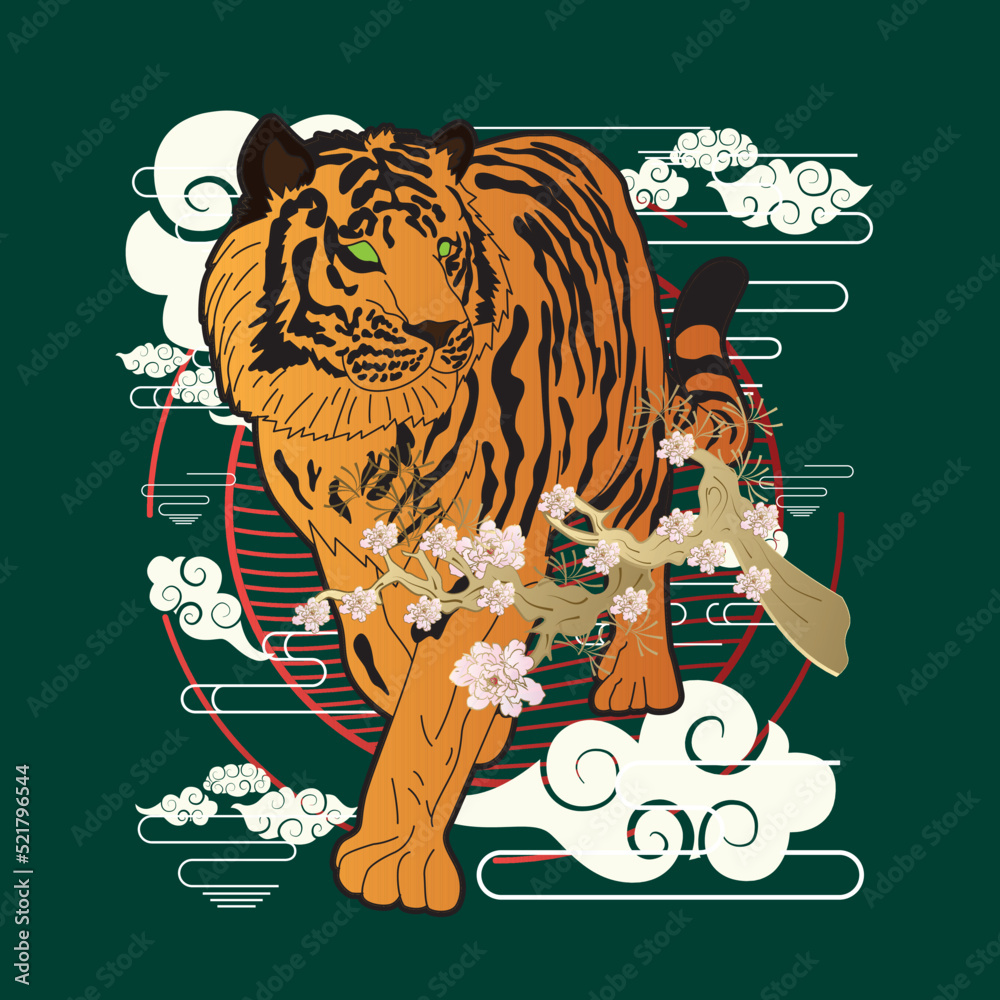 tiger illustration with japanese style background Stock Vector | Adobe ...